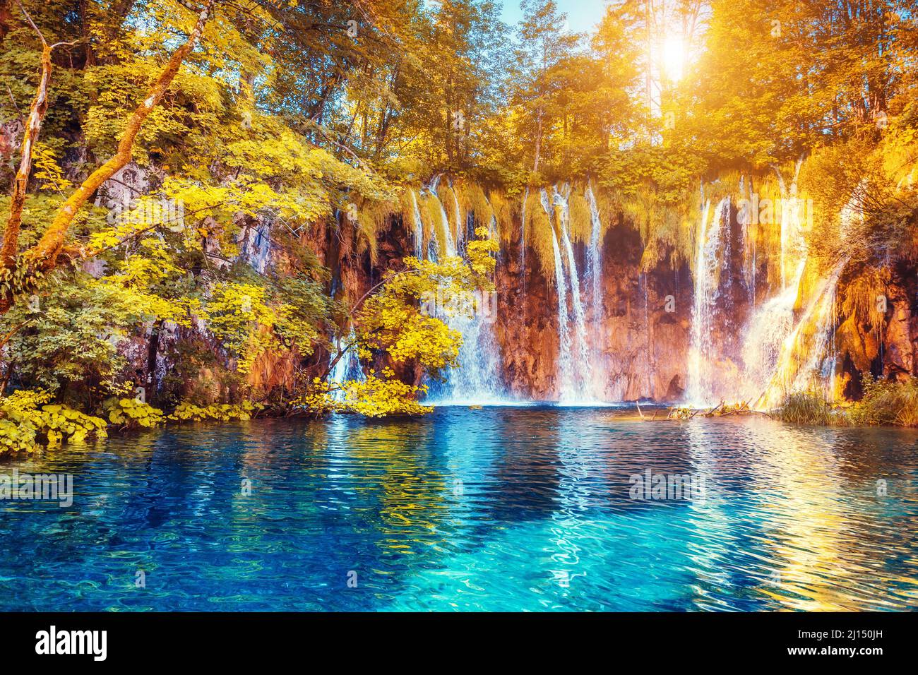 Majestic view on turquoise water and sunny beams. Location famous ...