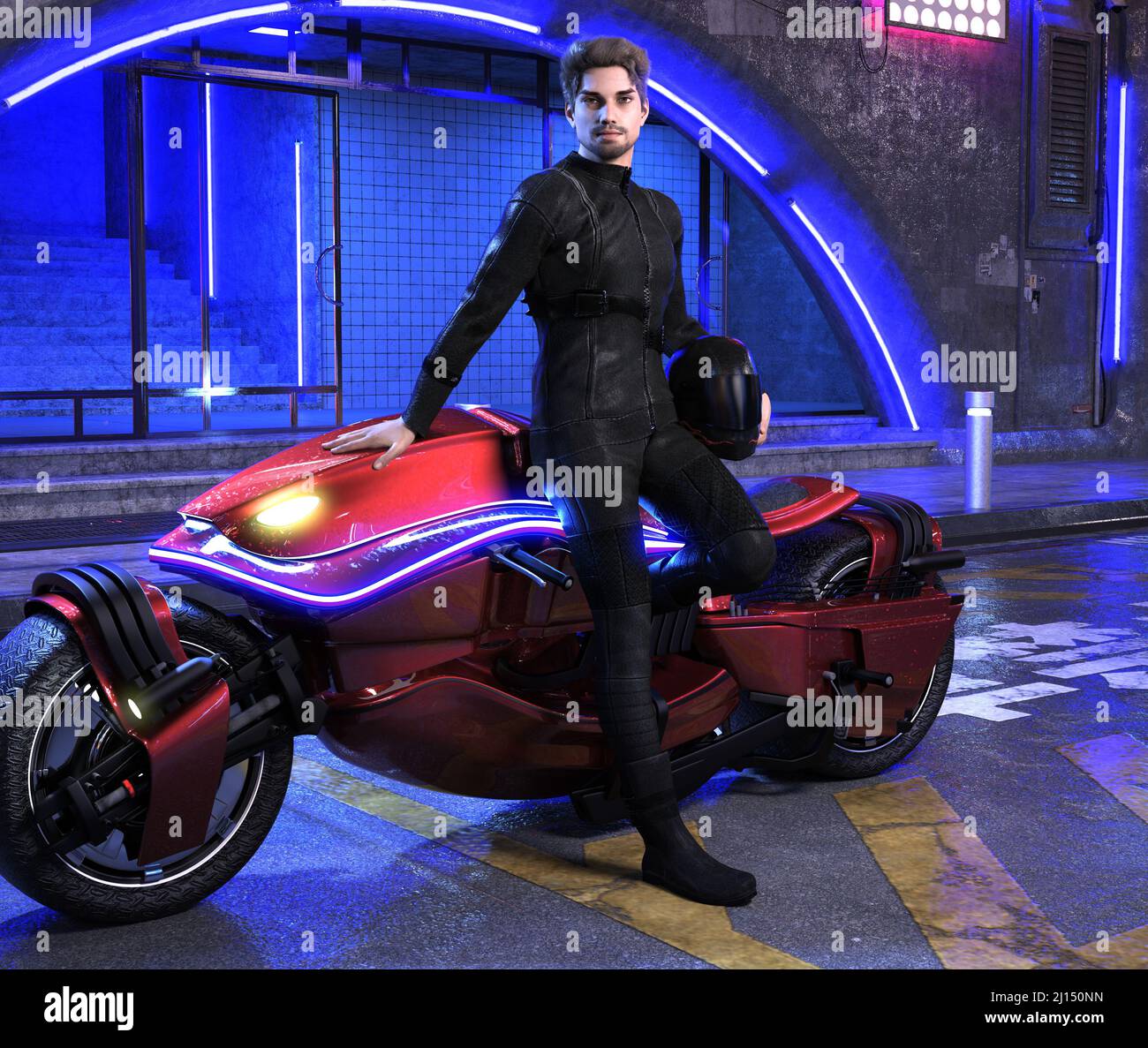 Shining urban night view with a handsome biker 3d render Stock Photo ...