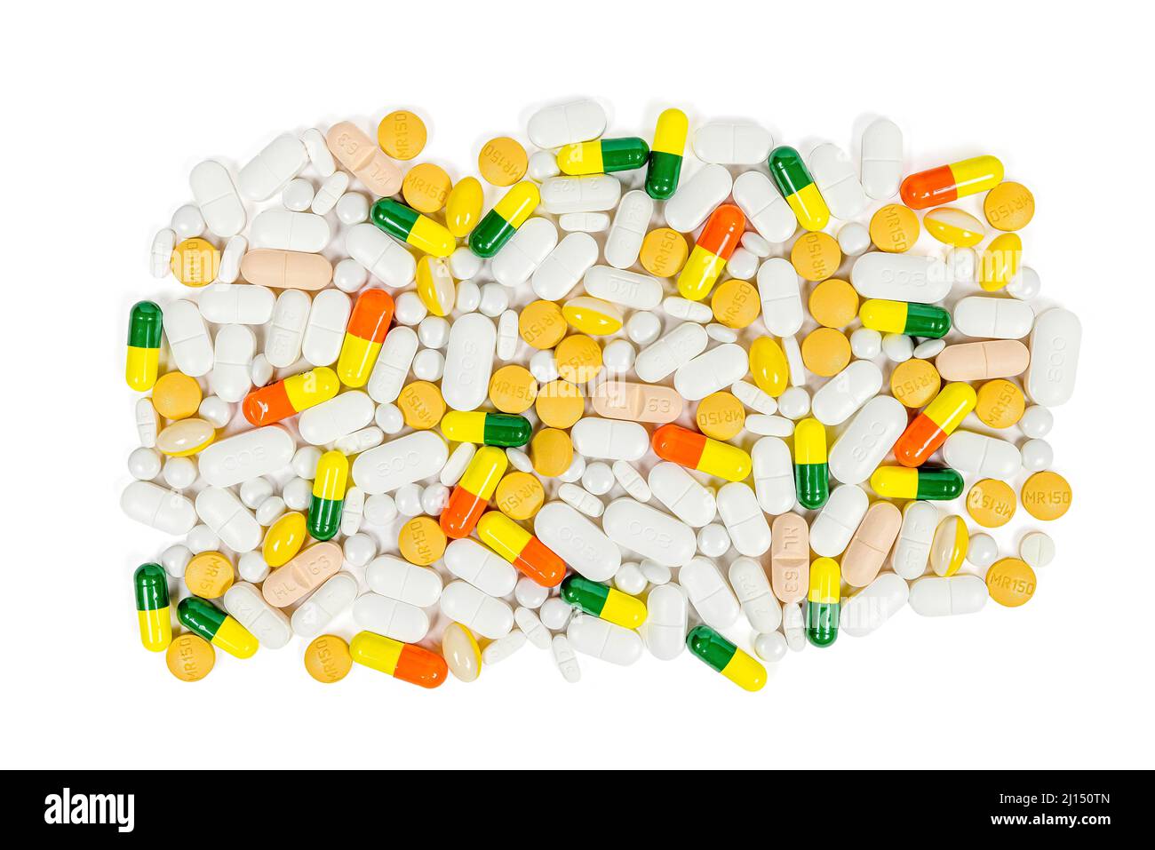 Selection of multi coloured pills and tablets on pure white background ...
