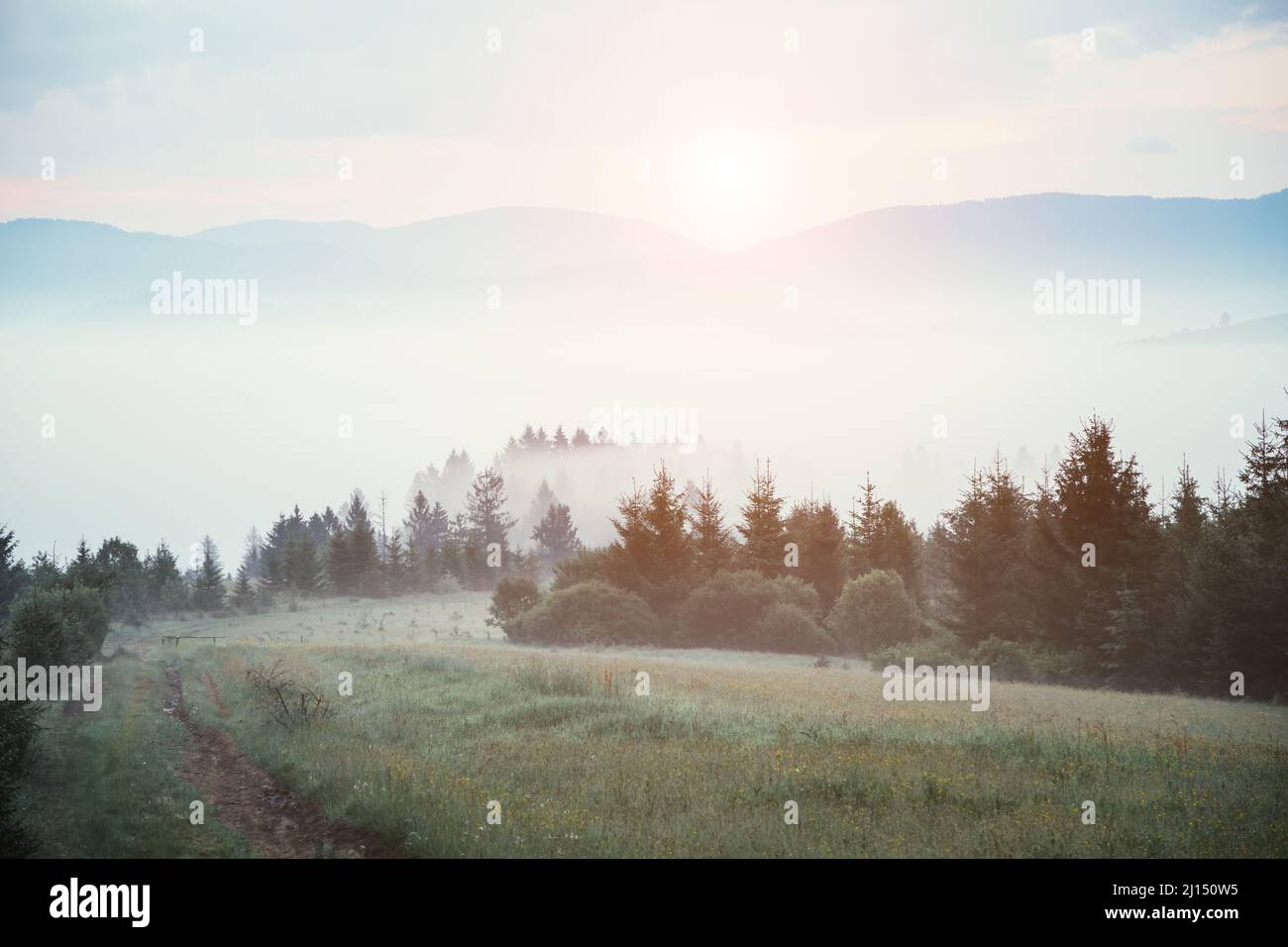 Gloomy morning with dramatic and picturesque scene. Location place ...