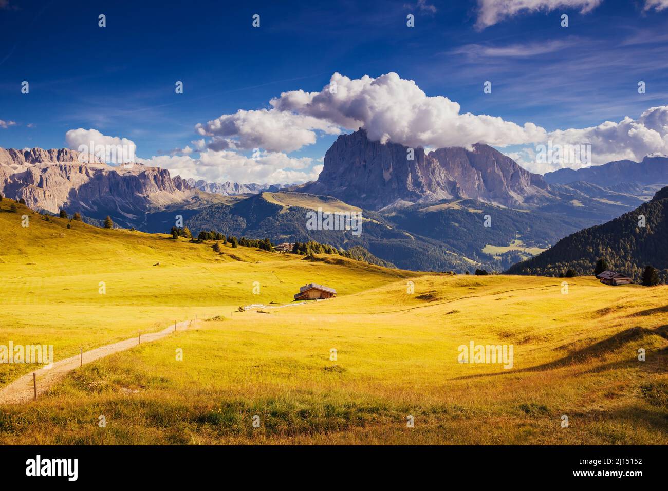 Nice view of the alpine valley and blue sky. Dramatic scene. Location ...