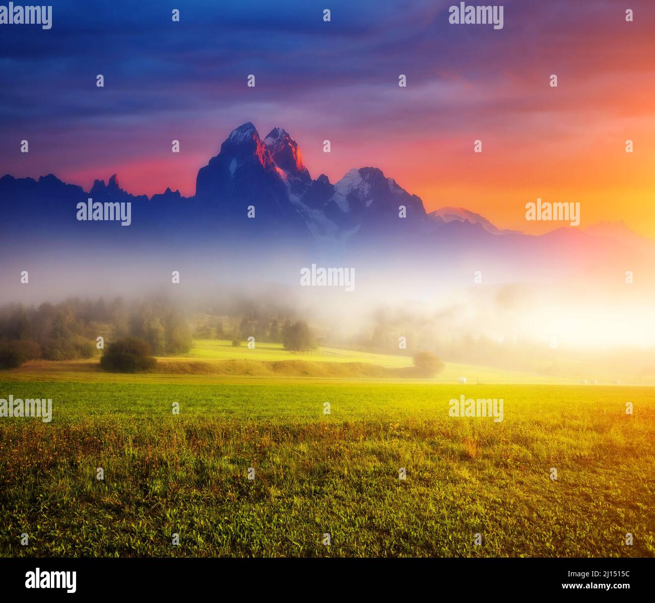 Fantastic field in mist at the foot of Mt. Ushba illuminated by ...