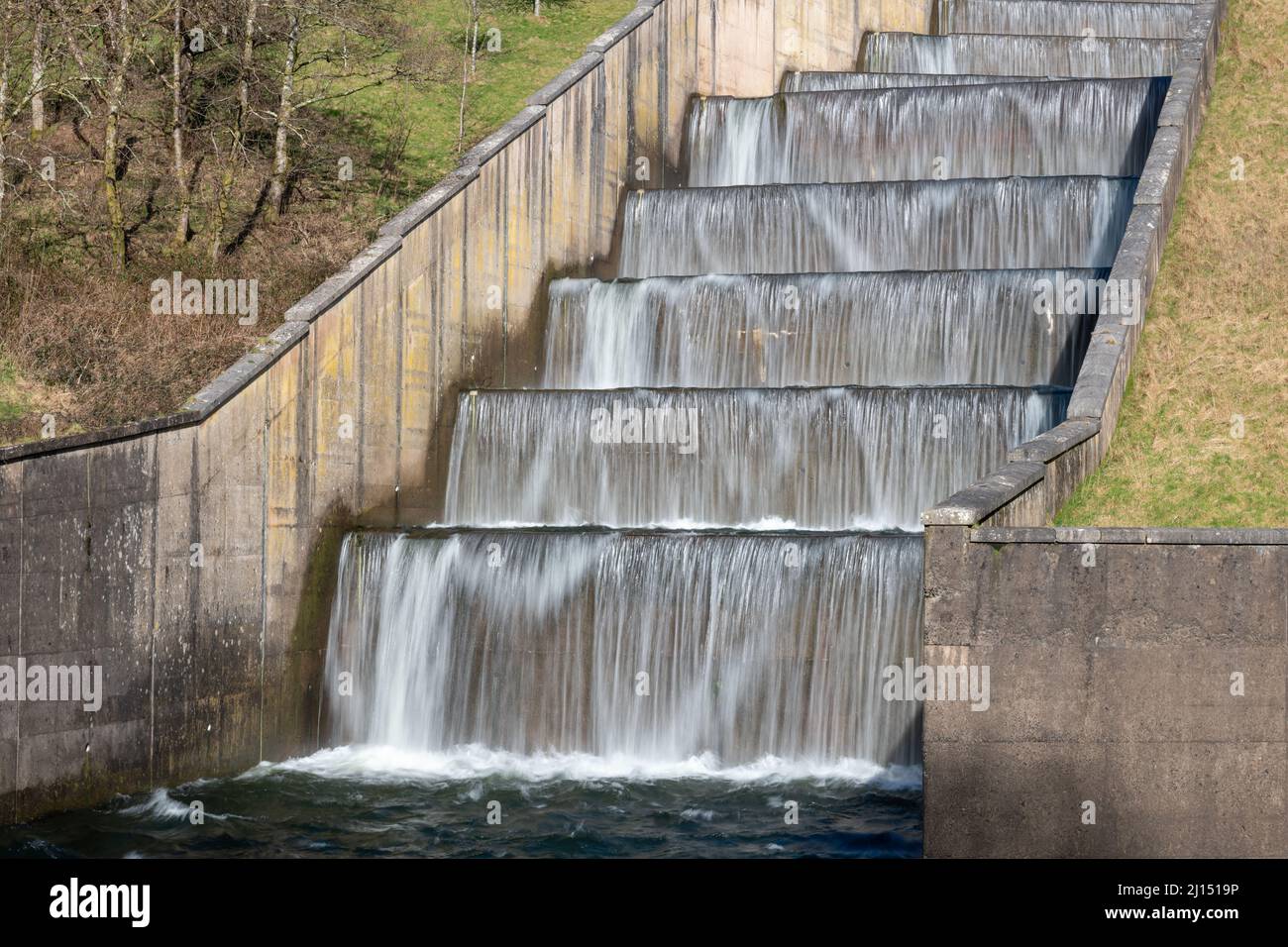 Long exposure of the waterfalls flowing over Wimbleball dam in Somerset ...