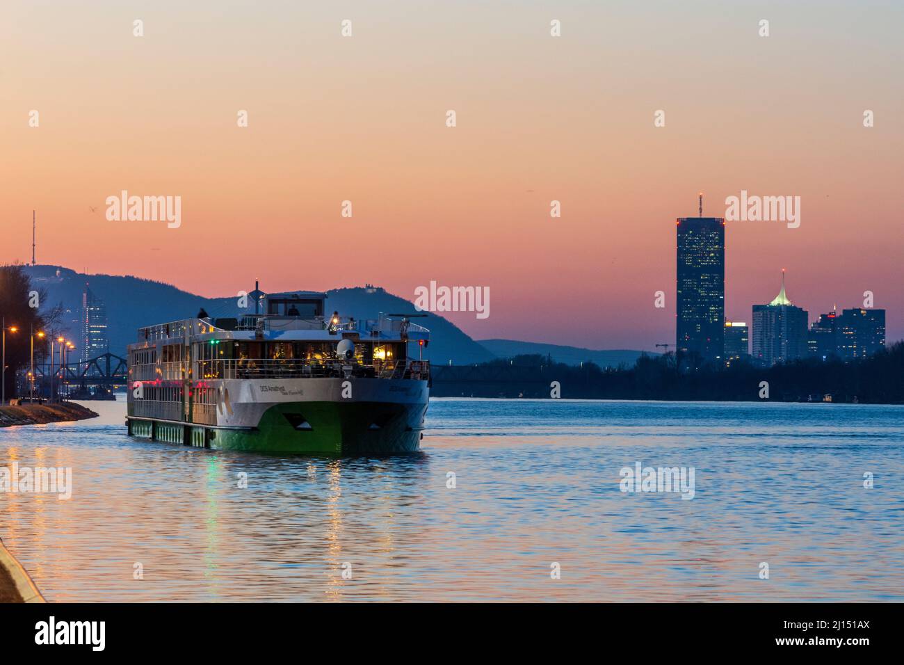 Wien, Vienna: river Donau (Danube), cruise ship, mountain Kahlenberg ...
