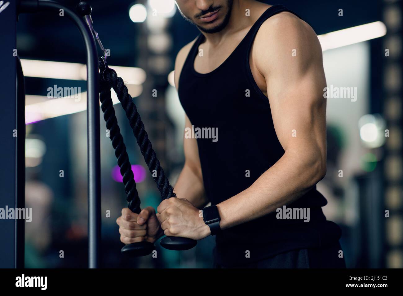 Bodybuilding Concept. Young Muscular Man Working Out Biceps On Fitness ...