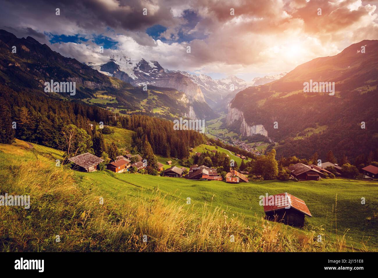 Majestic view of alpine village. Picturesque and gorgeous scene. Famous ...
