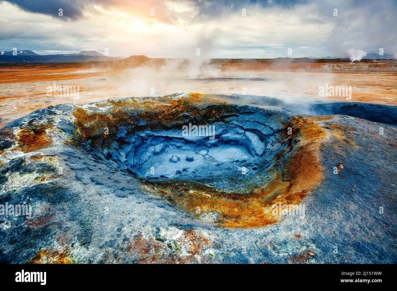 Ominous view geothermal area Hverir (Hverarond) near Lake Myvatn ...