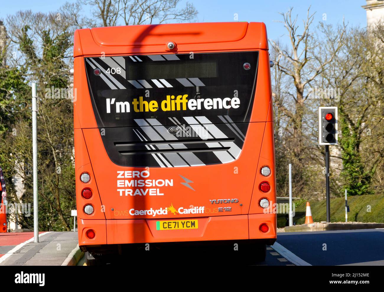 Cardiff, Wales - March 2022: Rear view of a new electric powered single ...