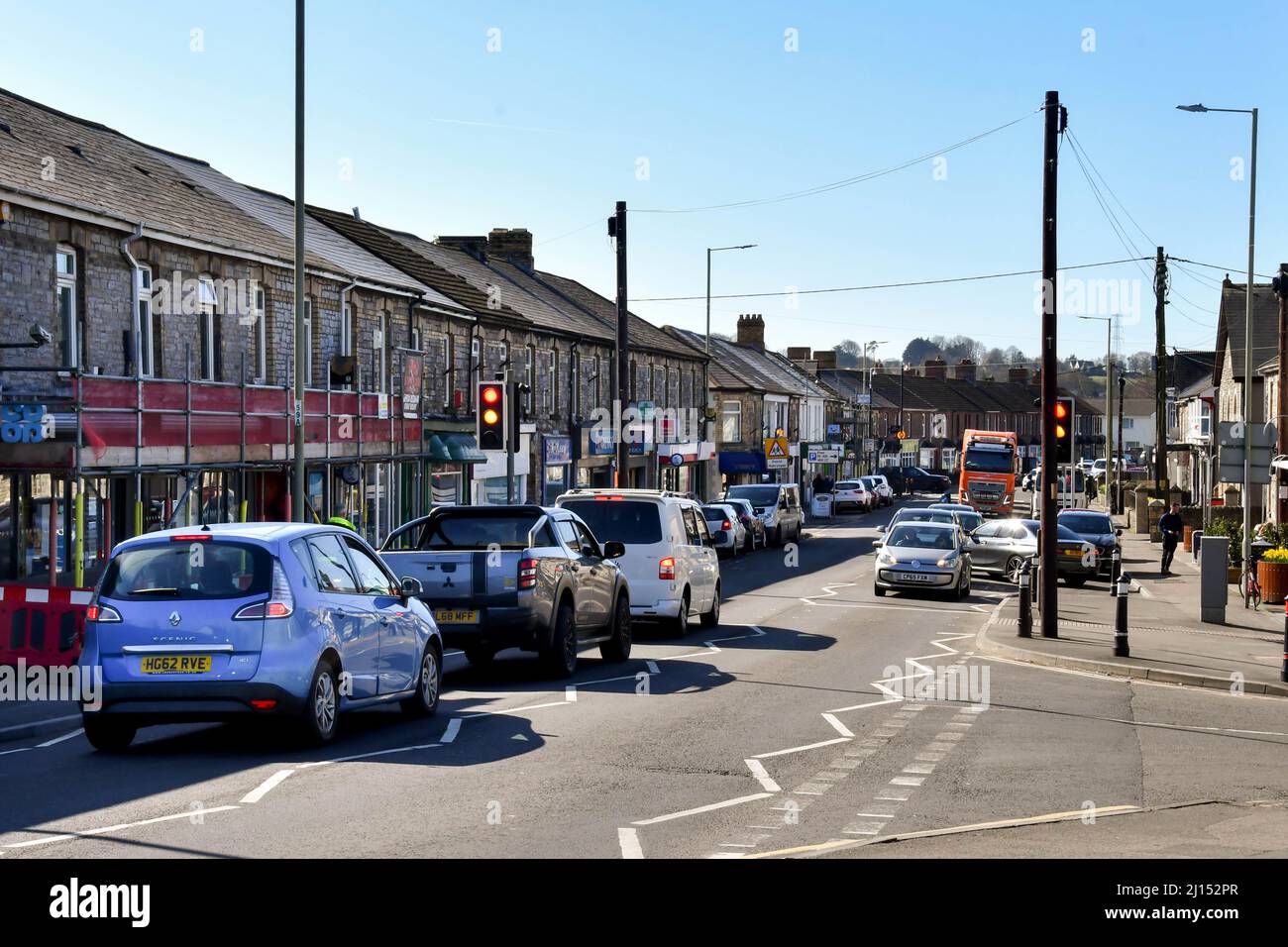 Pontyclun, Wales - March 2022: Traffic queuing at a pedestrian crossing ...
