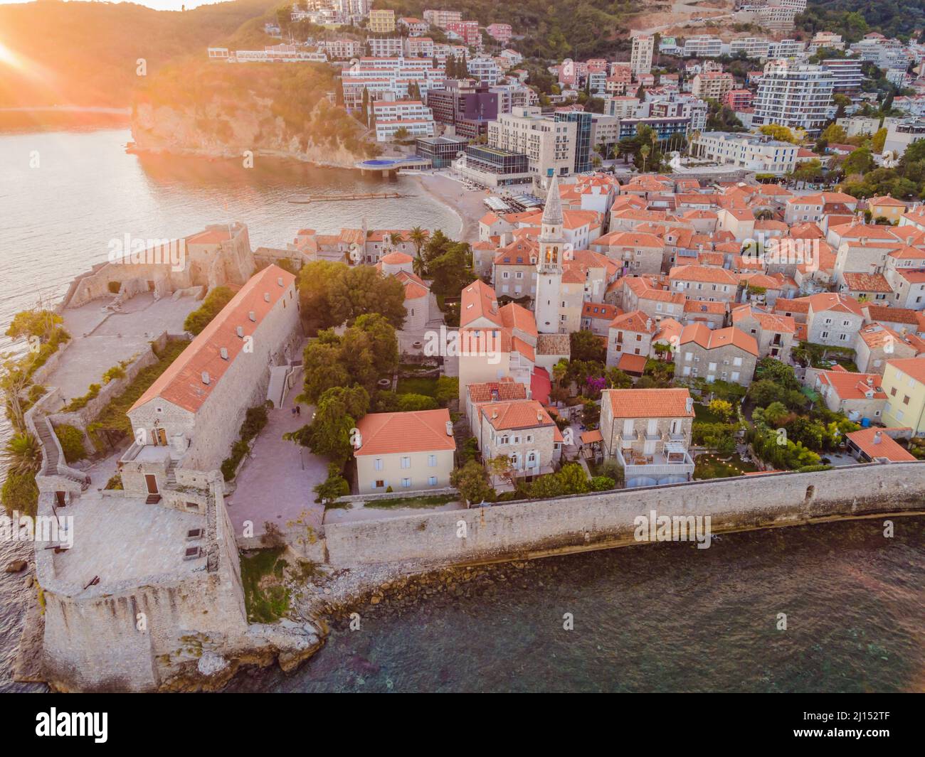 Old town in Budva in a beautiful summer day, Montenegro. Aerial image ...