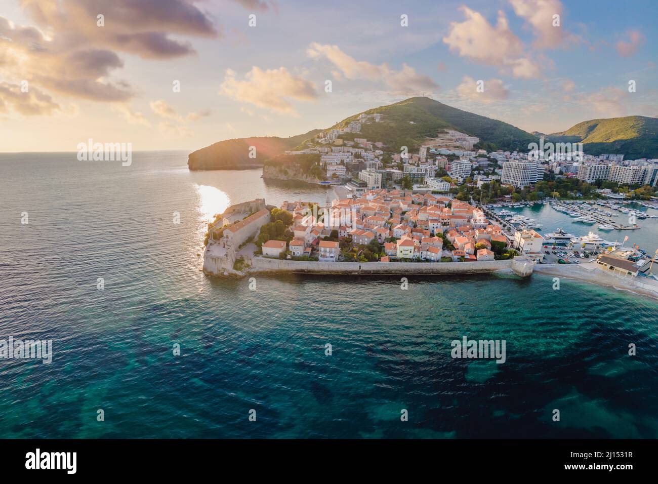 Old town in Budva in a beautiful summer day, Montenegro. Aerial image ...