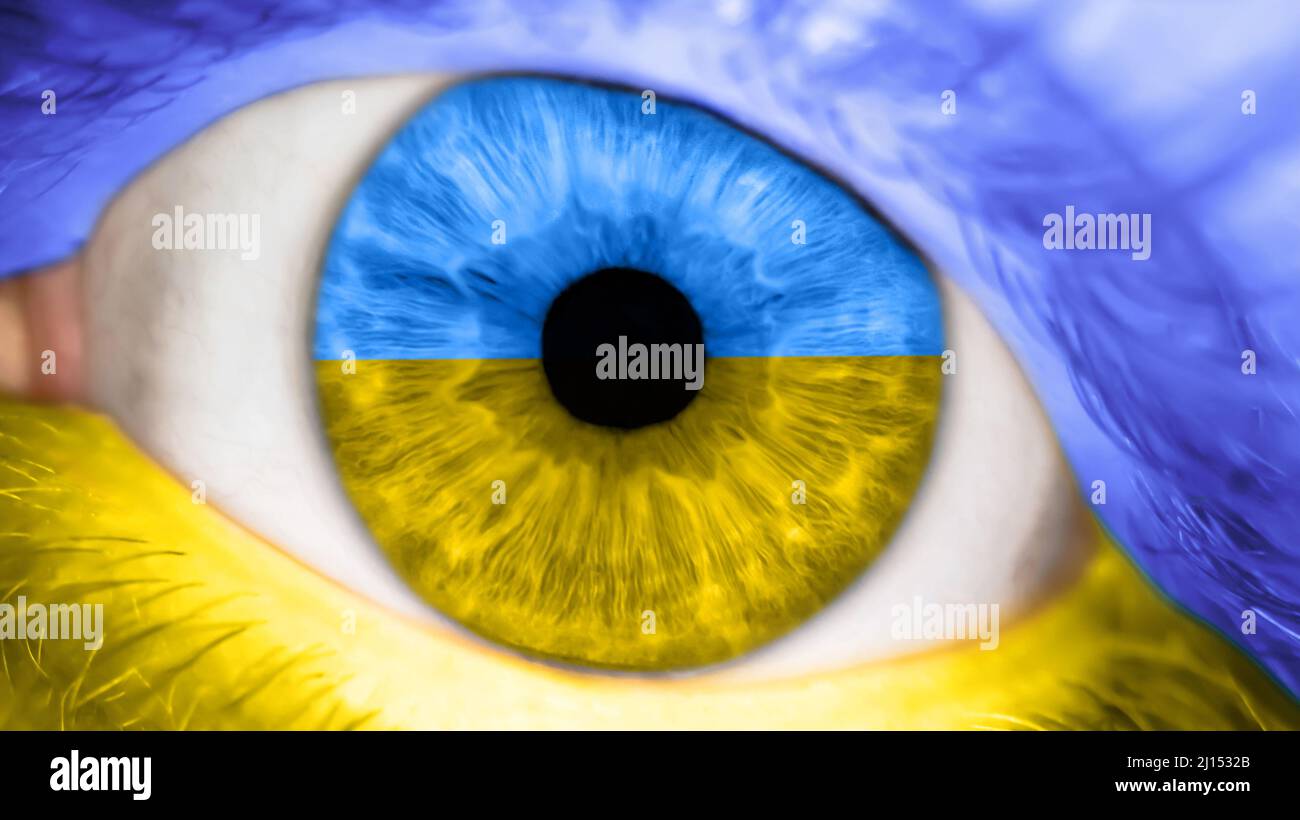 Portrait of a man with the color of the eyes of the flag of Ukraine ...