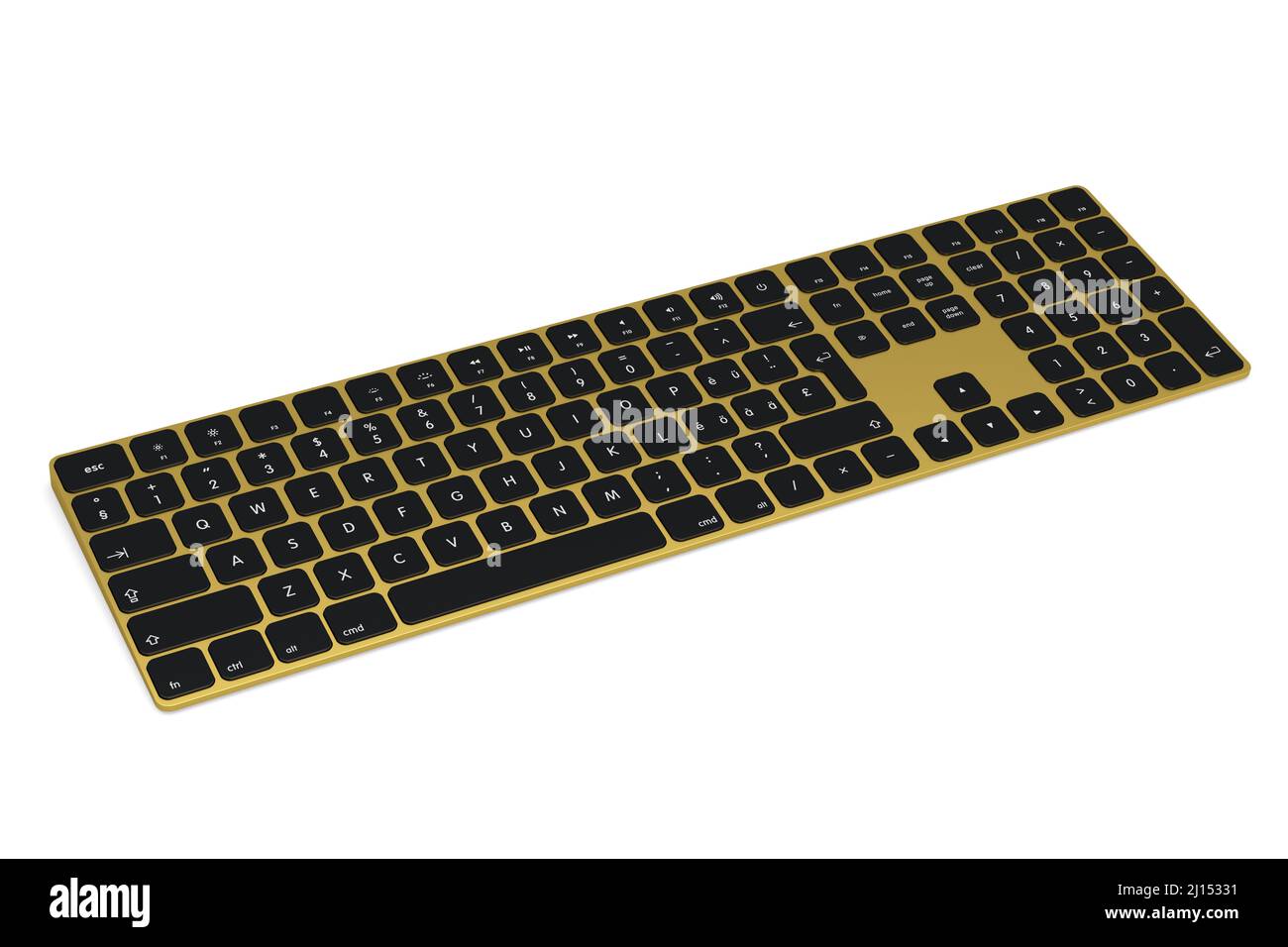 Modern gold aluminum computer keyboard with numpad isolated on white ...