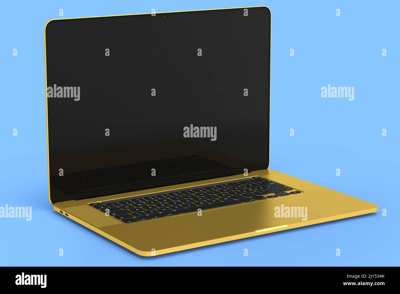 Realistic gold aluminum laptop with empty white screen display isolated ...