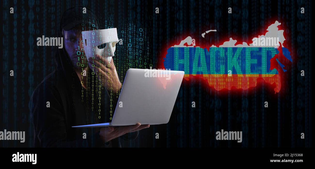 Hacker with laptop, map of Russia and computer code on dark background ...