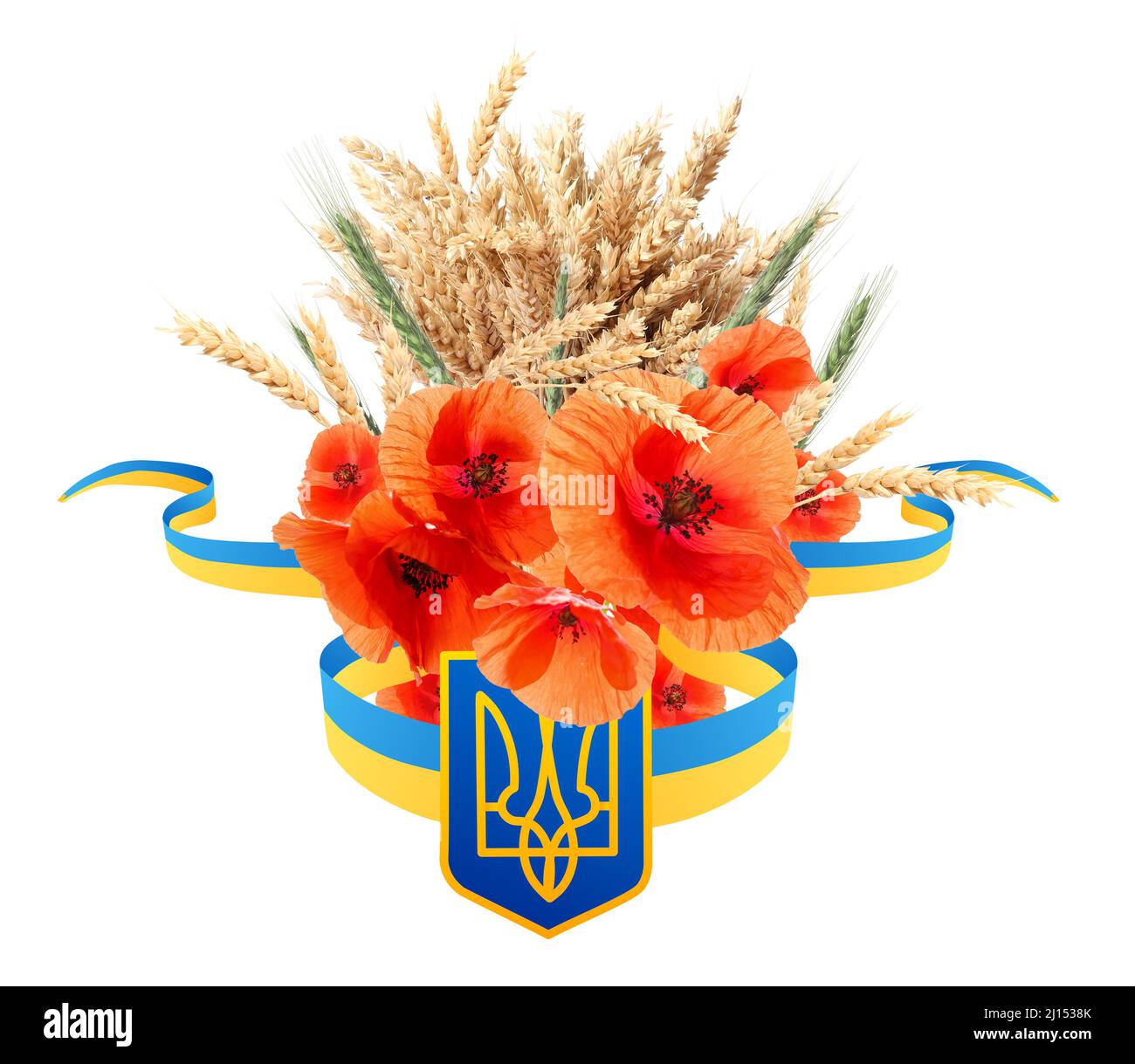 Composition with state emblem of Ukraine, poppy flowers and wheat ...