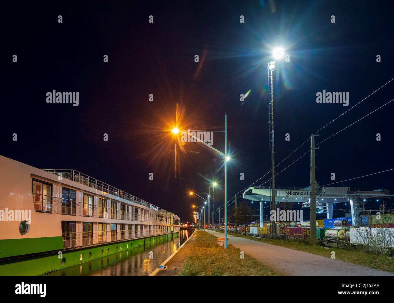 Wien, Vienna: river Donau (Danube), cruise ship, container terminal of ...