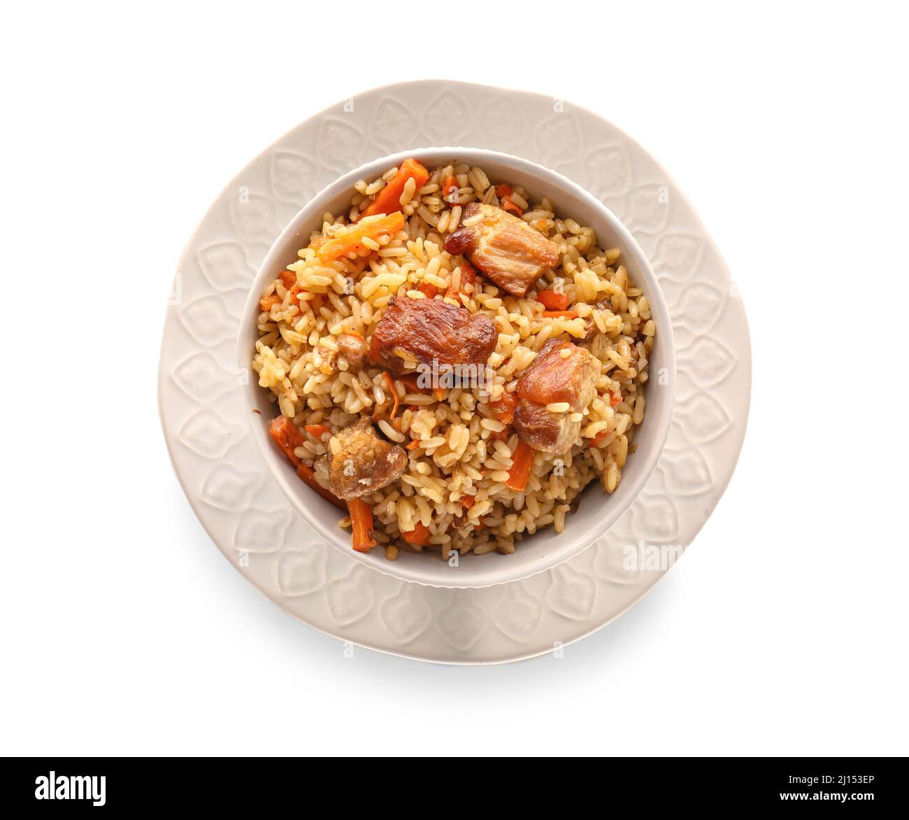 Bowl with tasty Asian pilaf on white background Stock Photo - Alamy