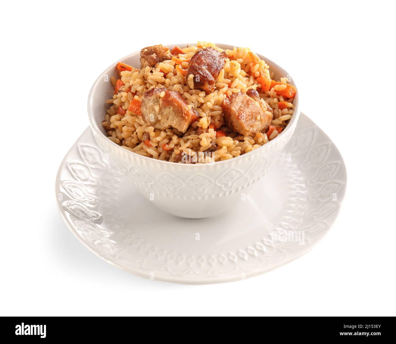 Bowl with tasty Asian pilaf on white background Stock Photo - Alamy