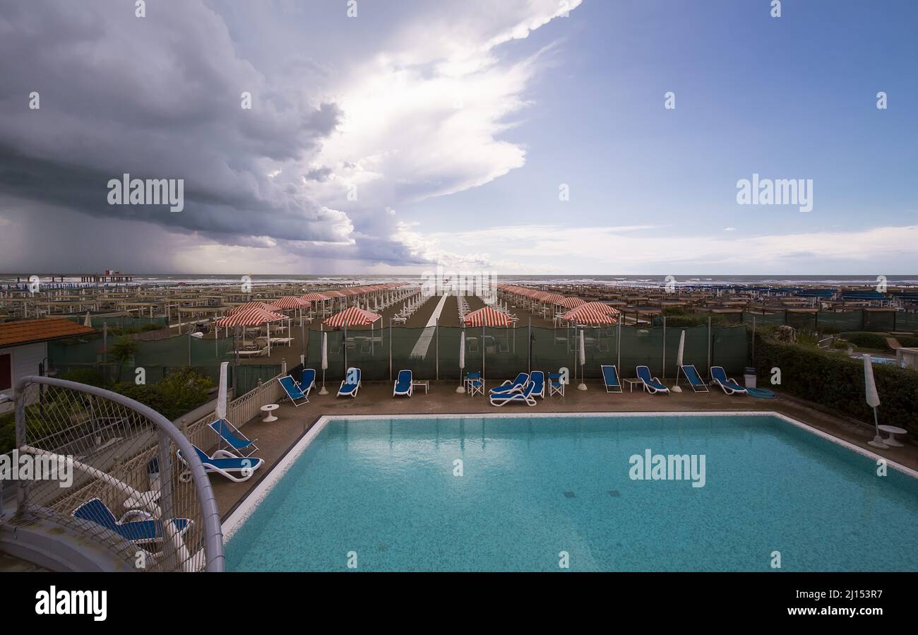 Aerial top view of a large open pool in front of a private house Stock ...