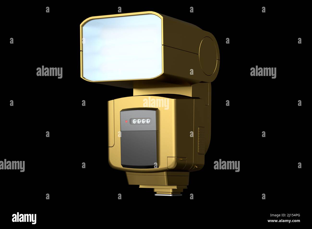 Camera external gold flash speedlight isolated on black background. 3D ...