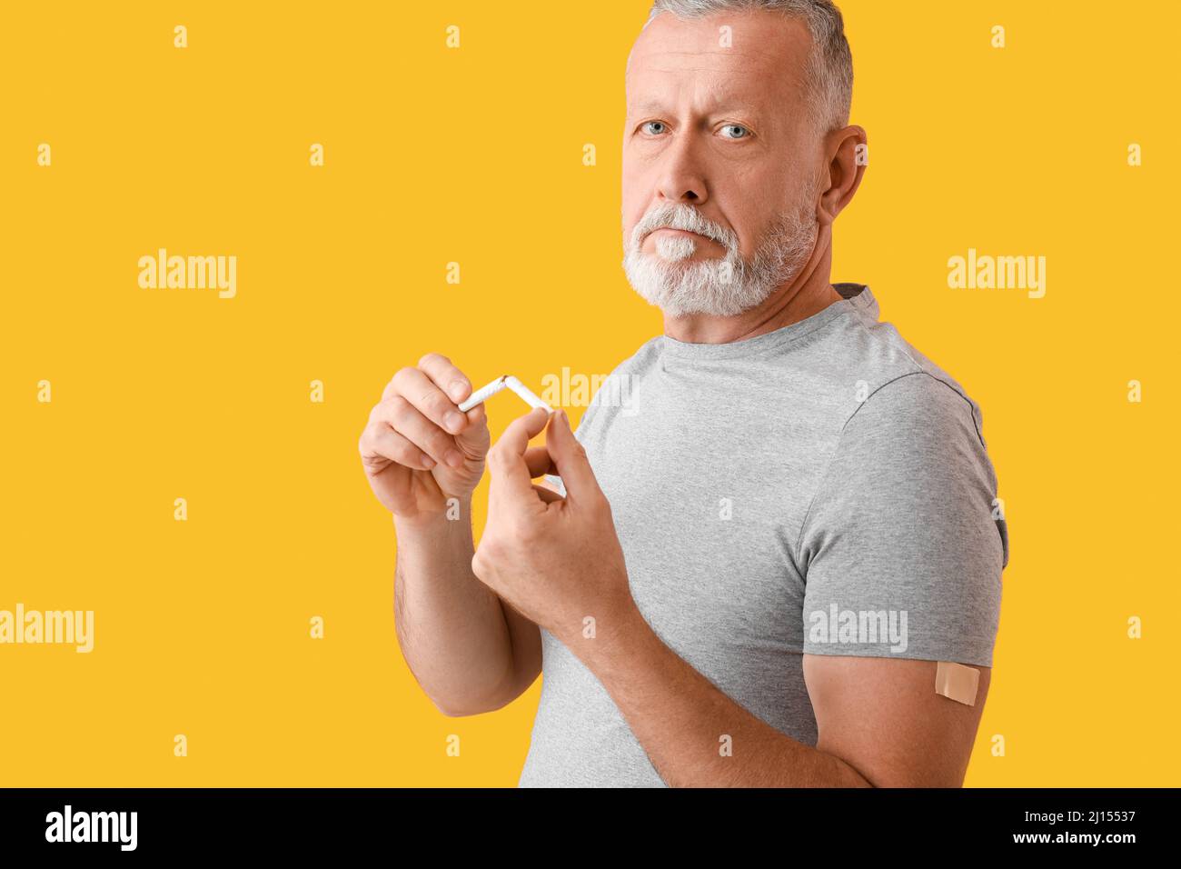 Mature man with applied nicotine patch and broken cigarette on color ...