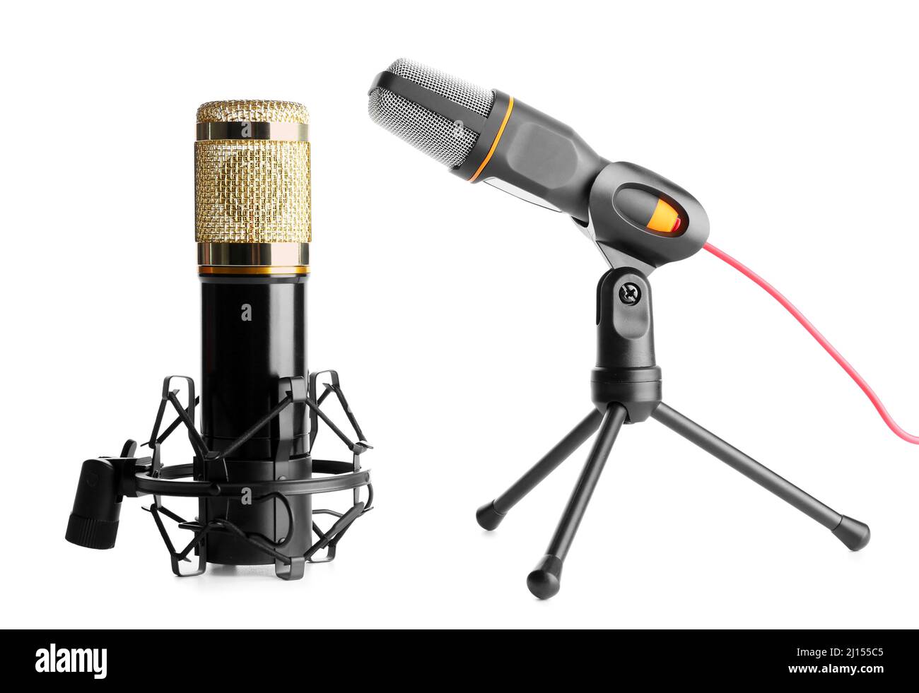 Stands with modern microphones on white background Stock Photo - Alamy