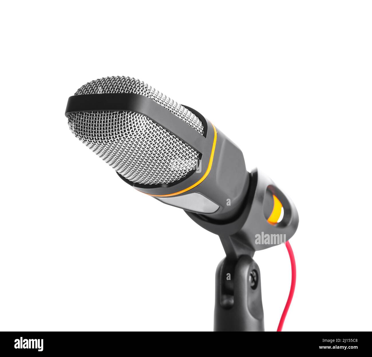 Stand with modern microphone on white background, closeup Stock Photo ...
