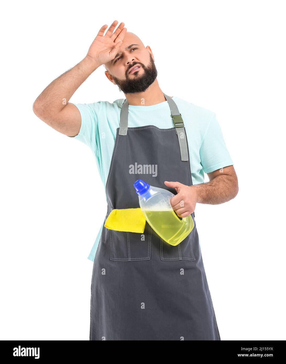 Tired bald man with cleaning supplies isolated on white Stock Photo - Alamy