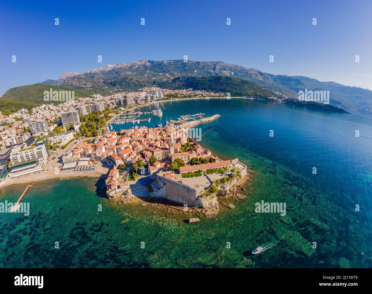 Old town in Budva in a beautiful summer day, Montenegro. Aerial image ...