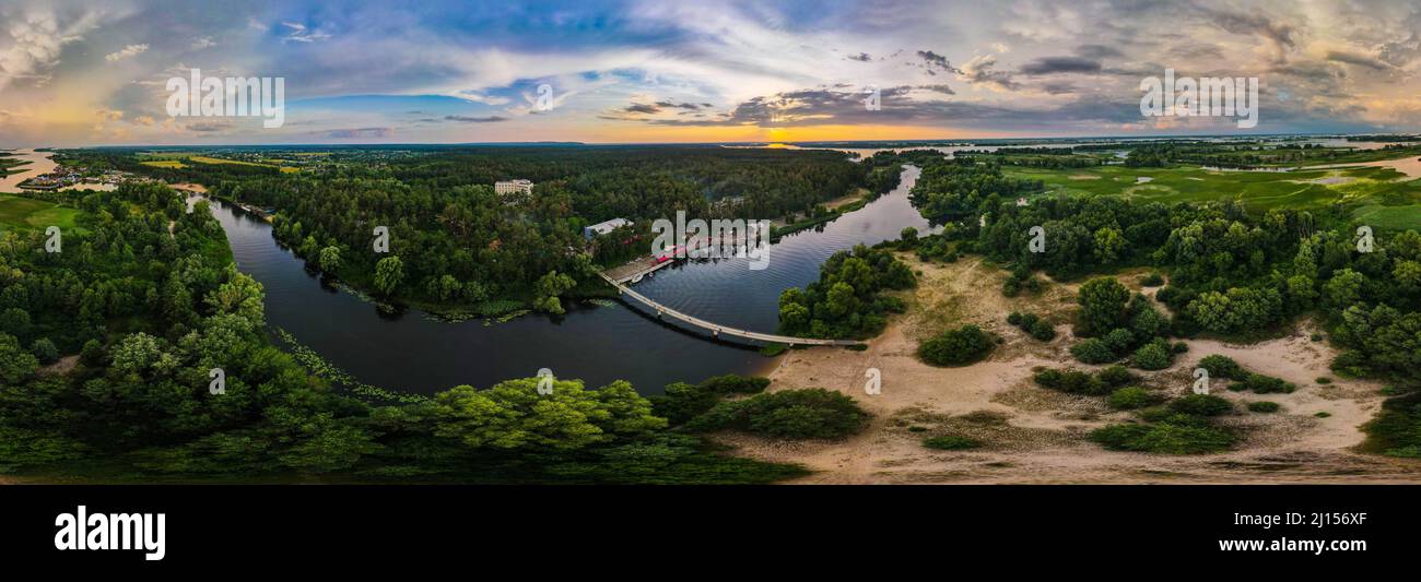 Landscape from above. Trees and river at sunset. Drone photo Stock ...
