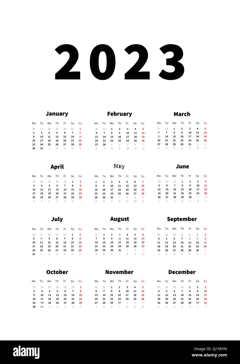 2023 year simple vertical calendar in english language, typographic ...
