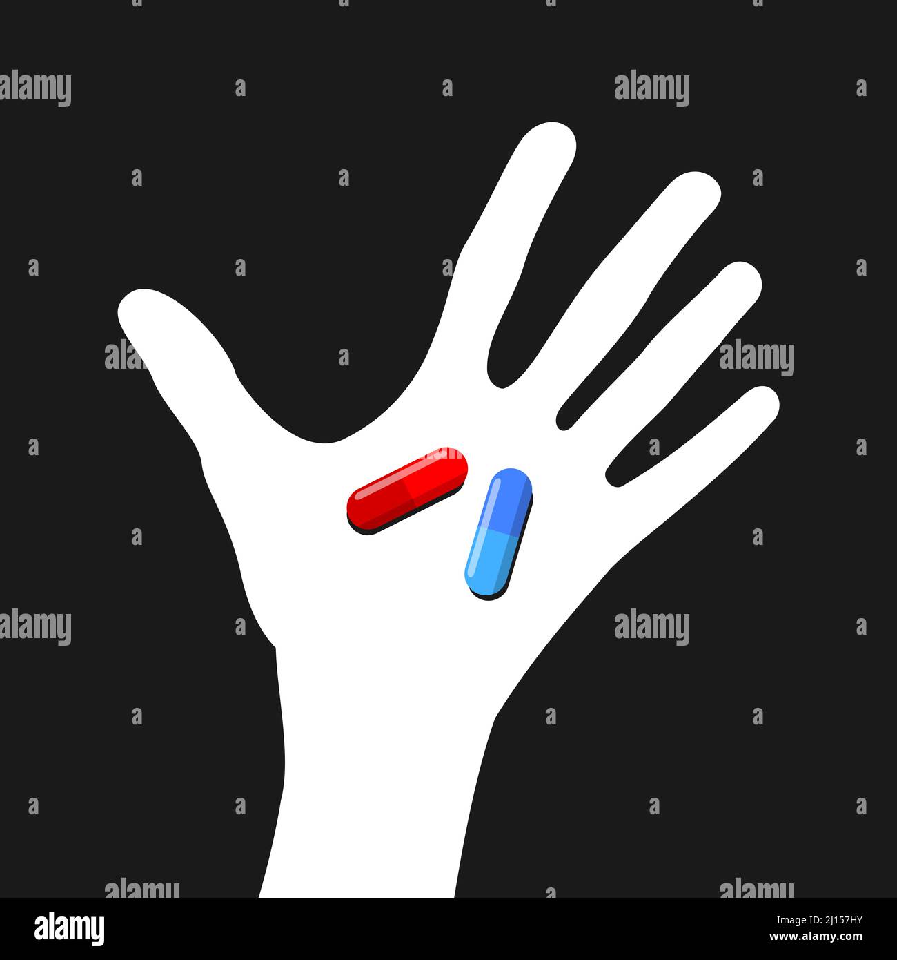 Human hand and palm is holding red and blue pill. Metaphor of decision ...