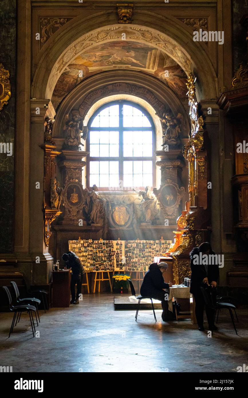 Light shines through the window of a Ukrainian Catholic church ...