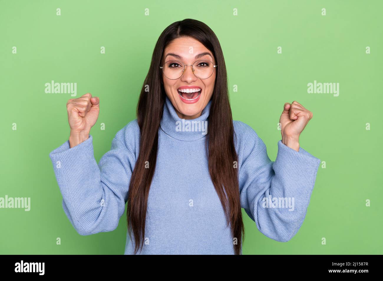 Photo Of Hooray Mature Brunette Lady Yell Wear Blue Sweater Eyewear