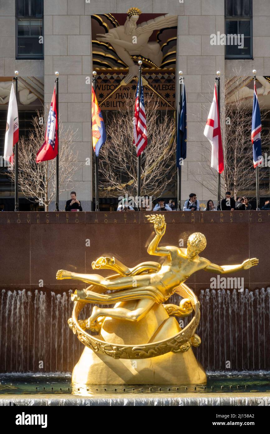 The iconic Statue of Prometheus is located in Rockefeller Center Plaza ...