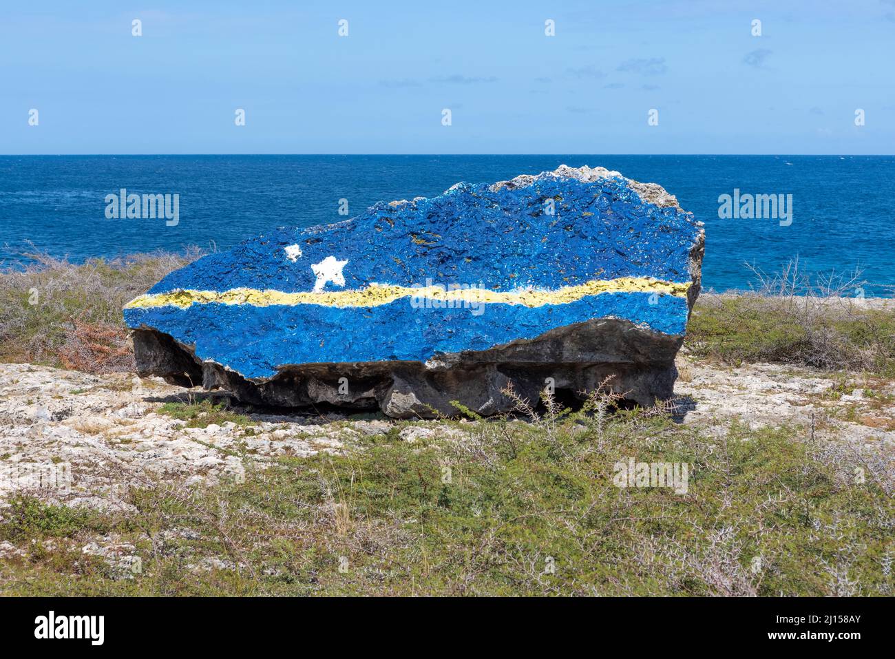 The flag of Curacao painted on a big rock at the Watamula Hole ...