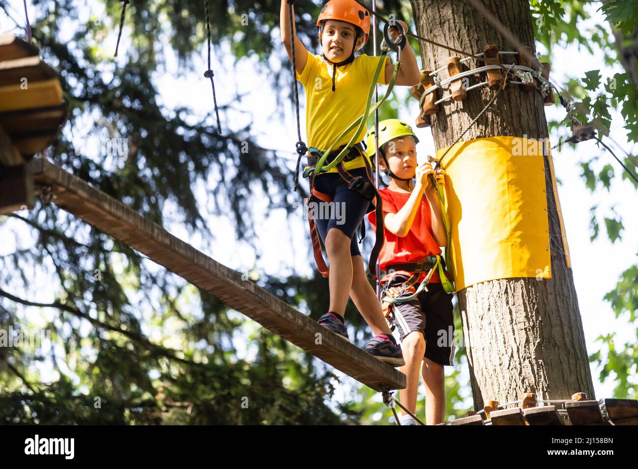 Happy child climbing in the trees. Rope park. Climber child. Early ...