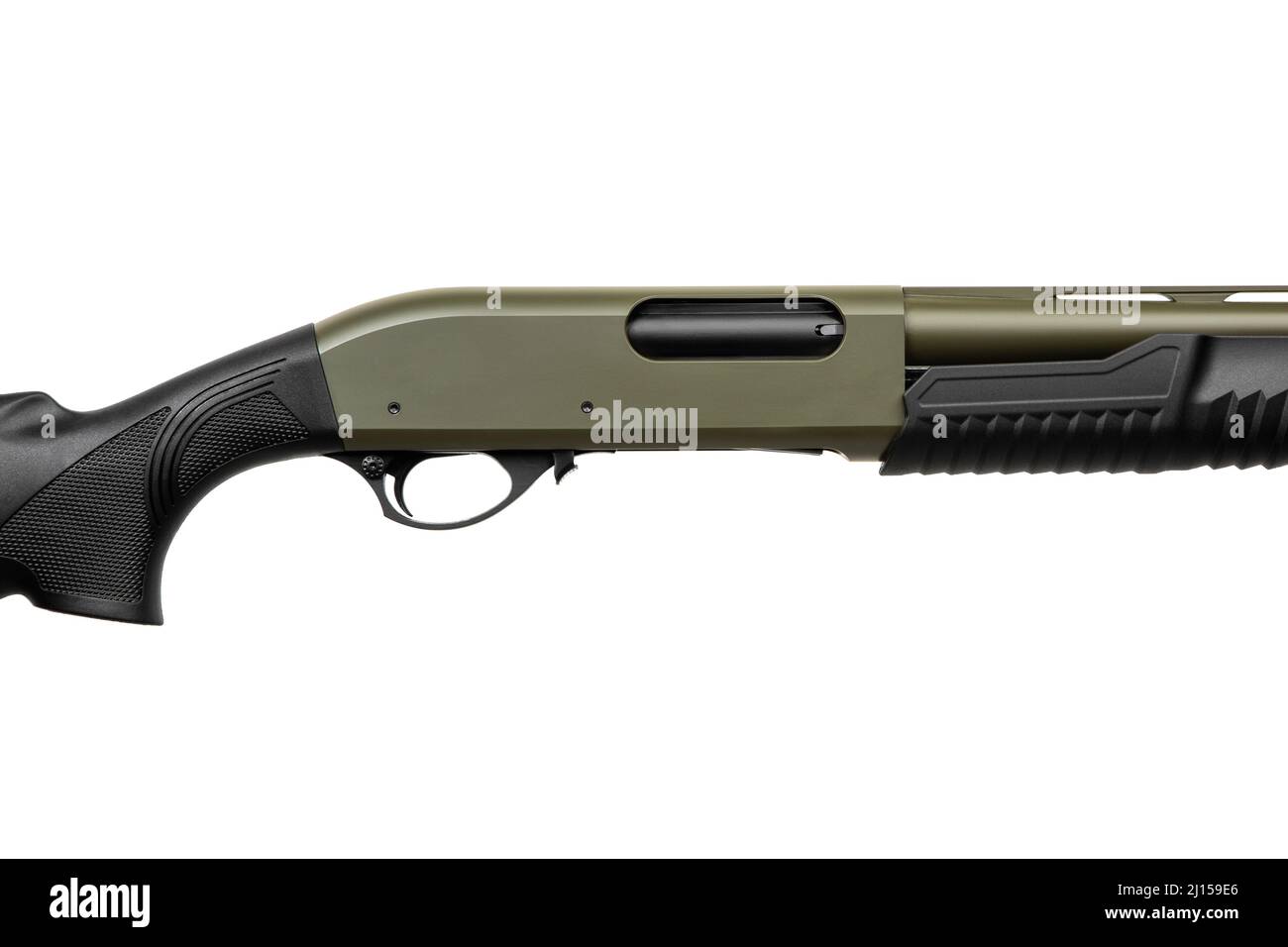 Pump-action 12 gauge shotgun isolated on a white background. Close-up ...