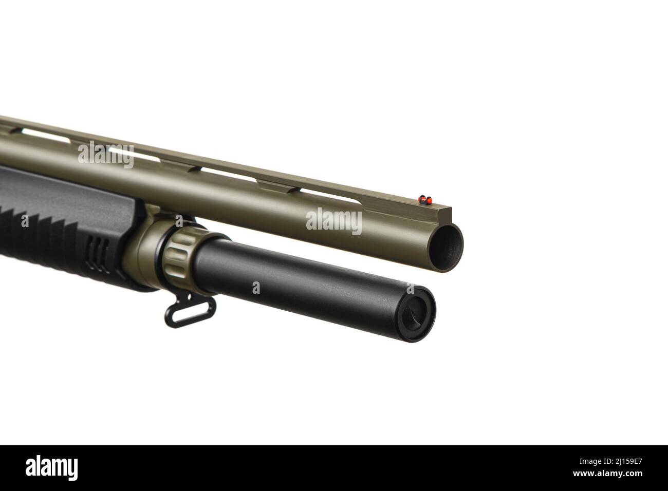 Pump-action 12 gauge shotgun isolated on a white background. Close-up ...