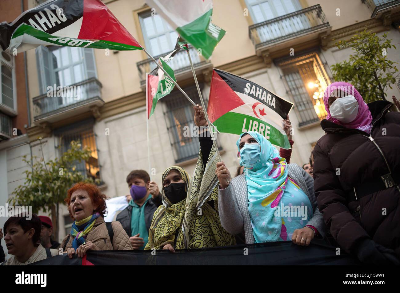 A group of Sahrawi are seen waving saharan flags at Alameda Principal ...