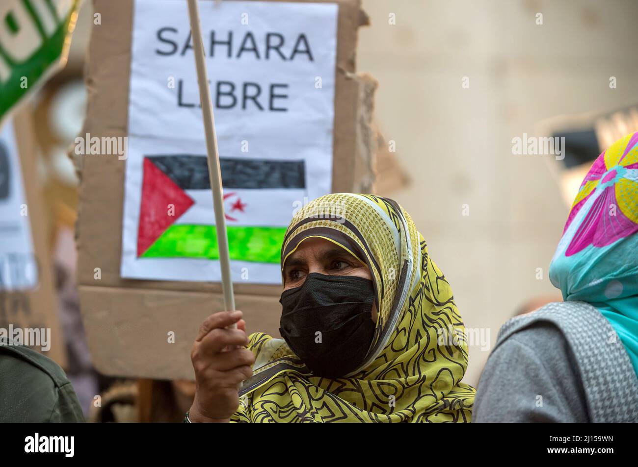 A Sahrawi is seen waving a saharan flag at Alameda Principal during the ...