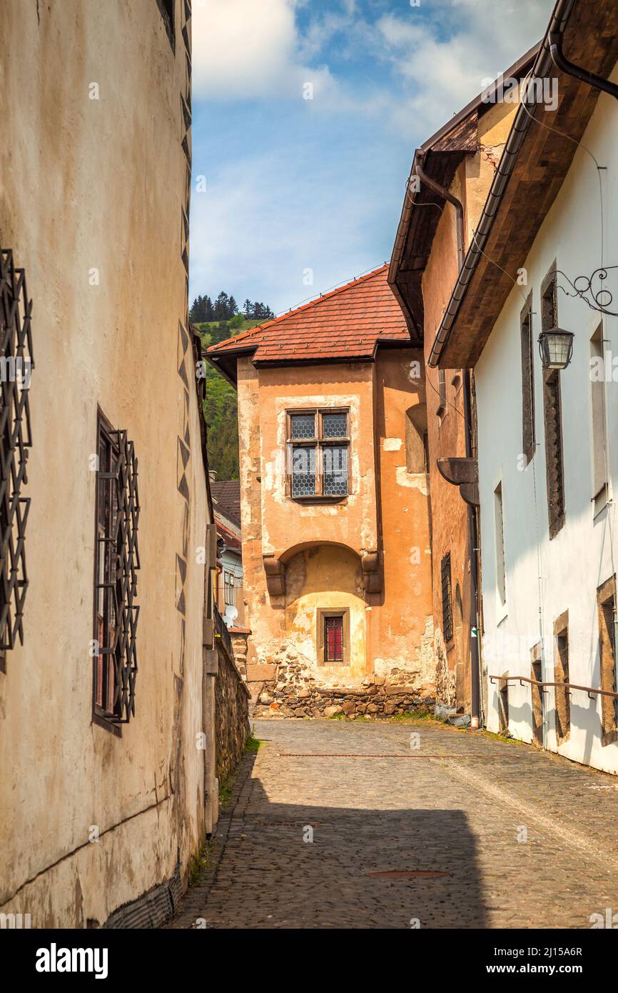 Historic street in centre of Kremnica, important medieval mining town ...