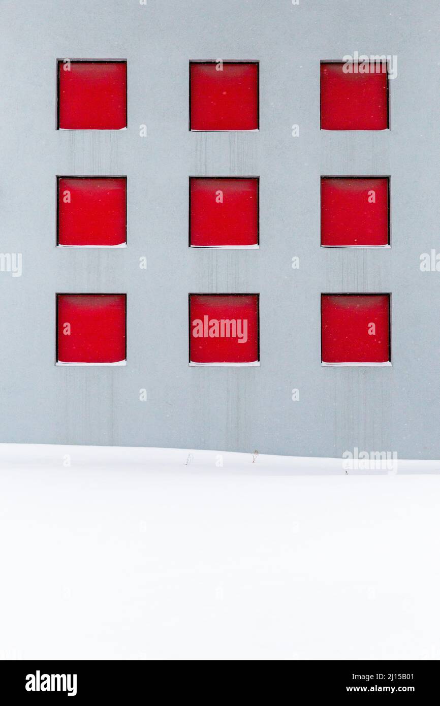 A colourful detail of a building facade in the winter, in Longueuil ...