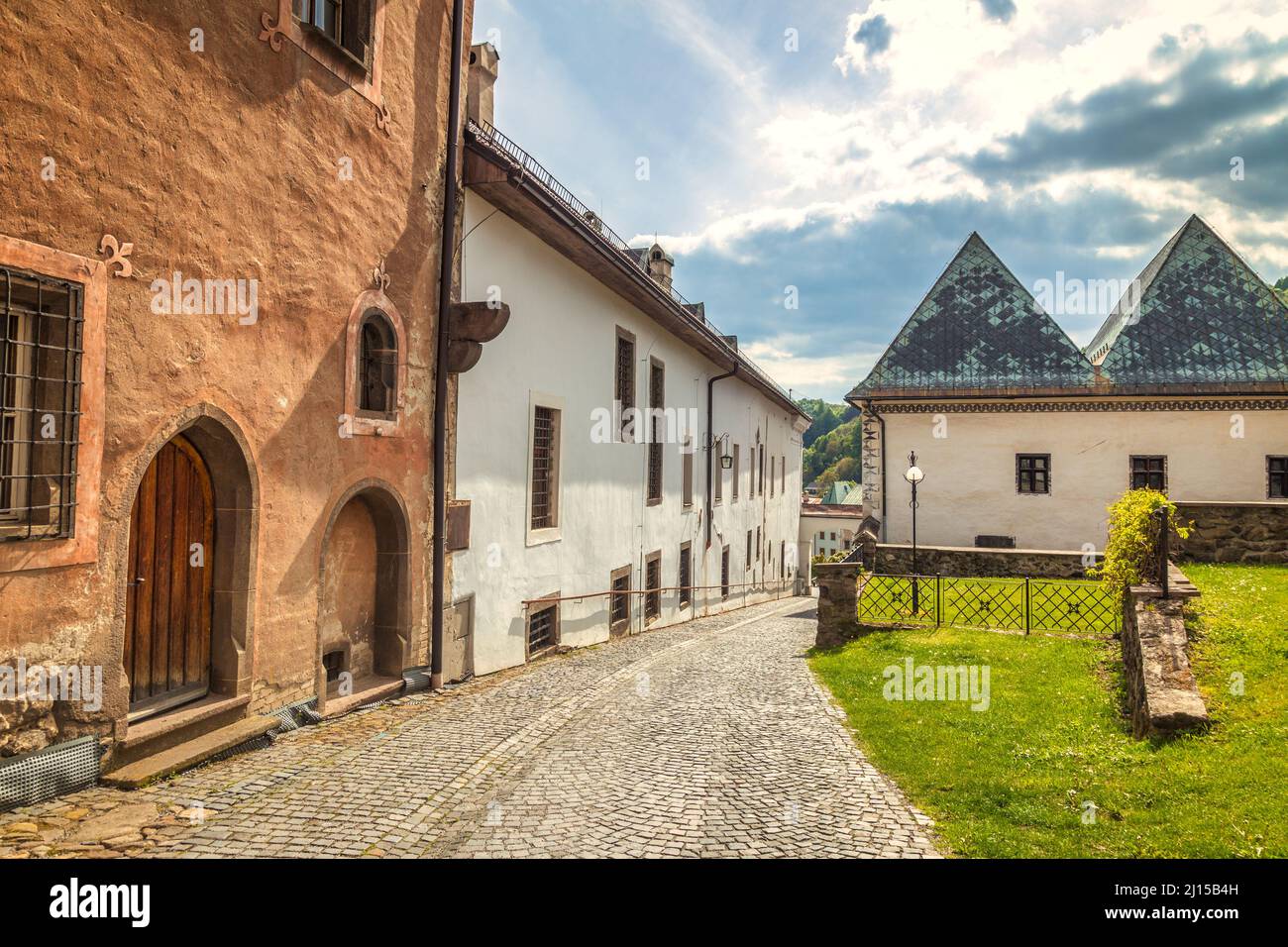 Historic street in centre of Kremnica, important medieval mining town ...