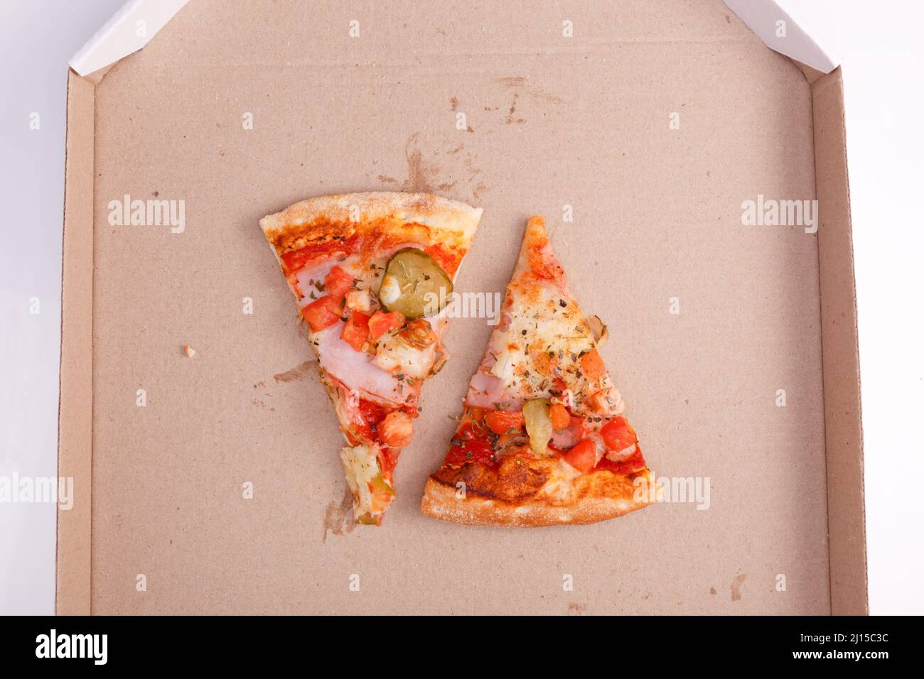 The remaining pizza is in the box. Empty pizza box with two slice ...
