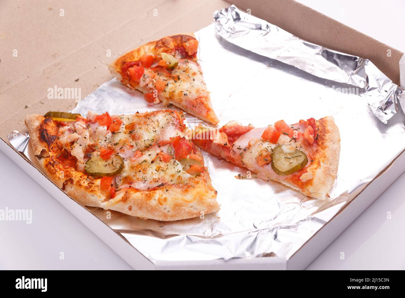 The remaining pizza is in the box. Empty pizza box with three slice ...