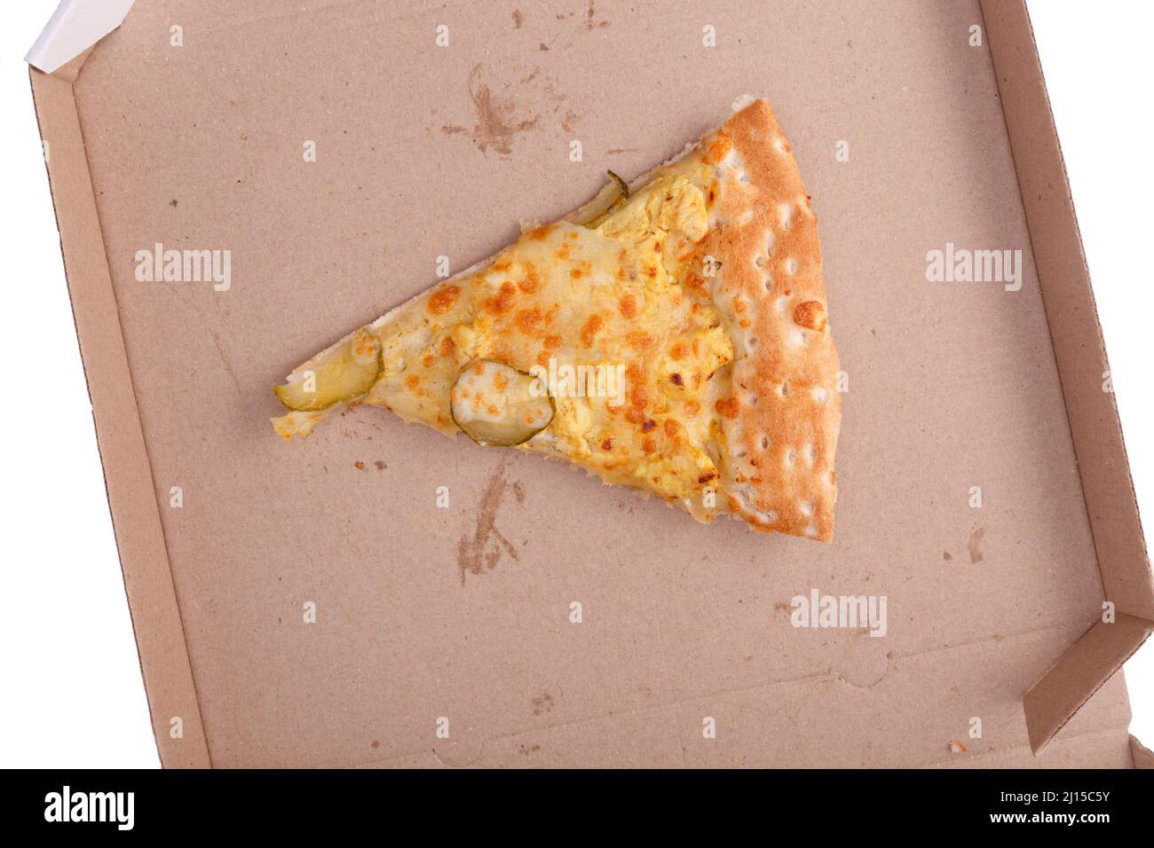 The remaining pizza is in the box. Empty pizza box with one slice ...