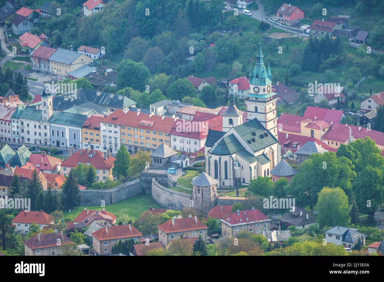 View from above of Kremnica, important medieval mining town with the ...