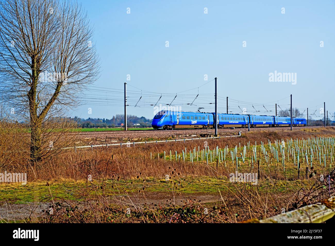 Lumo cost cutting train heading North, Skelton Bridge, York, England ...